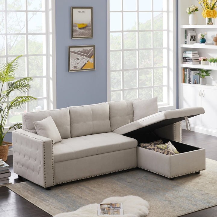 Cream Leather Sleeper Couch Sectional Sofa Bed with Storage